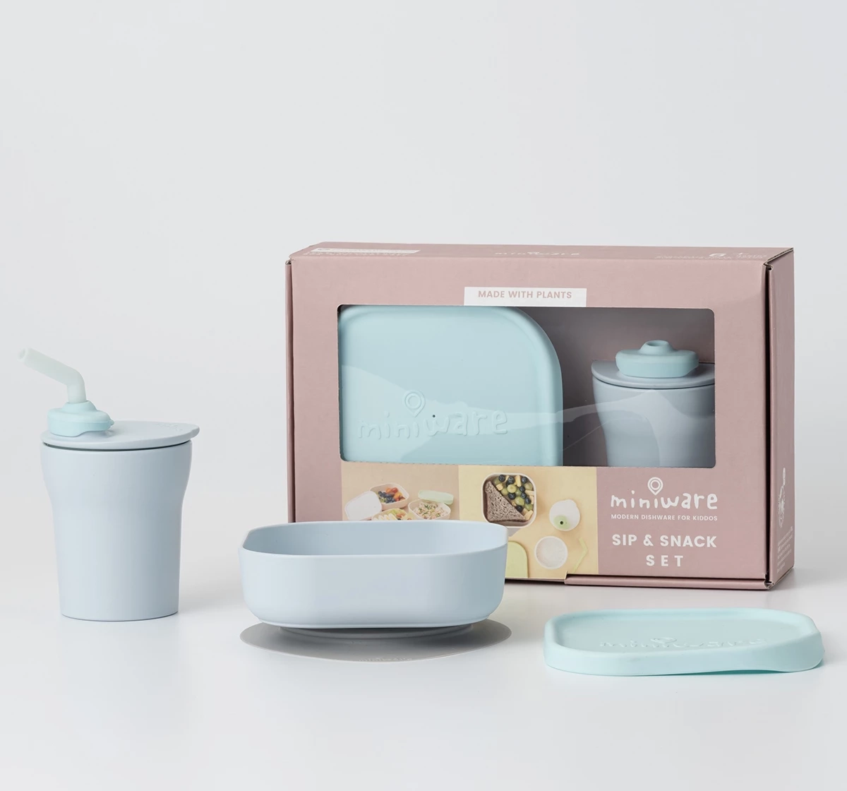 Miniware Sip & Snack Suction Bowl with Sippy Cup Feeding Set Aqua 18M+